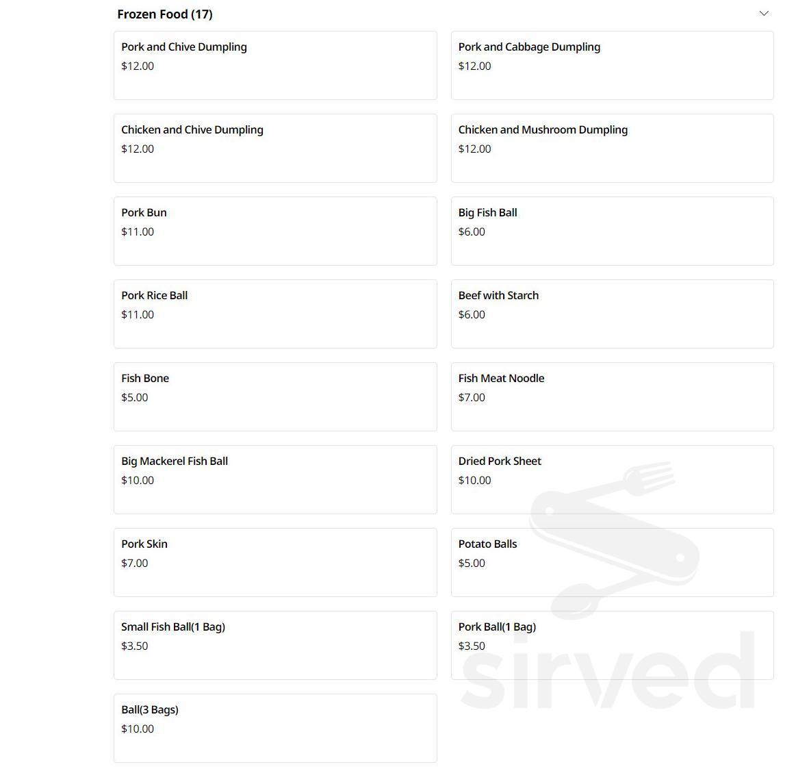 Menu - New York NY's Shu Jiao Fu Zhou | Sirved