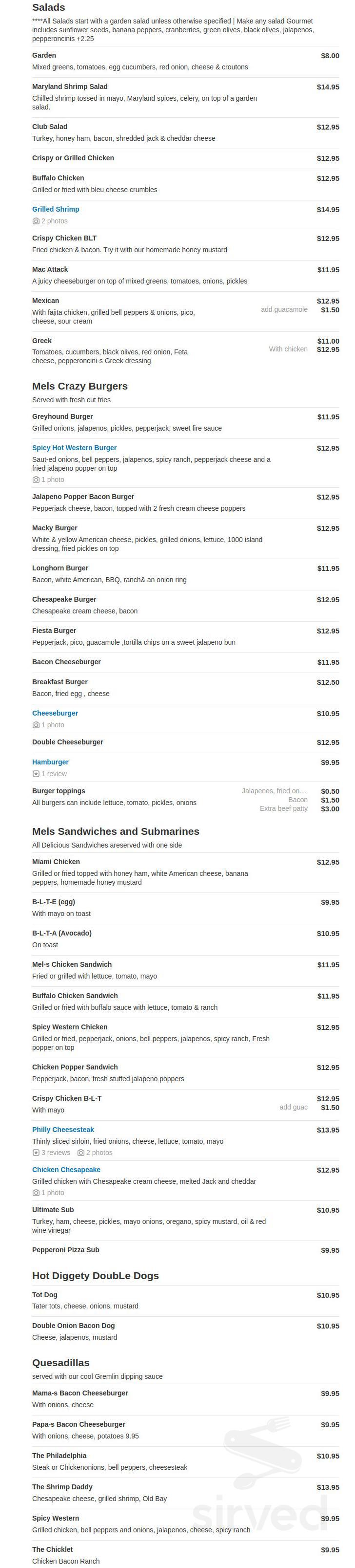 Menu for Mels Diner in Mingus, TX | Sirved