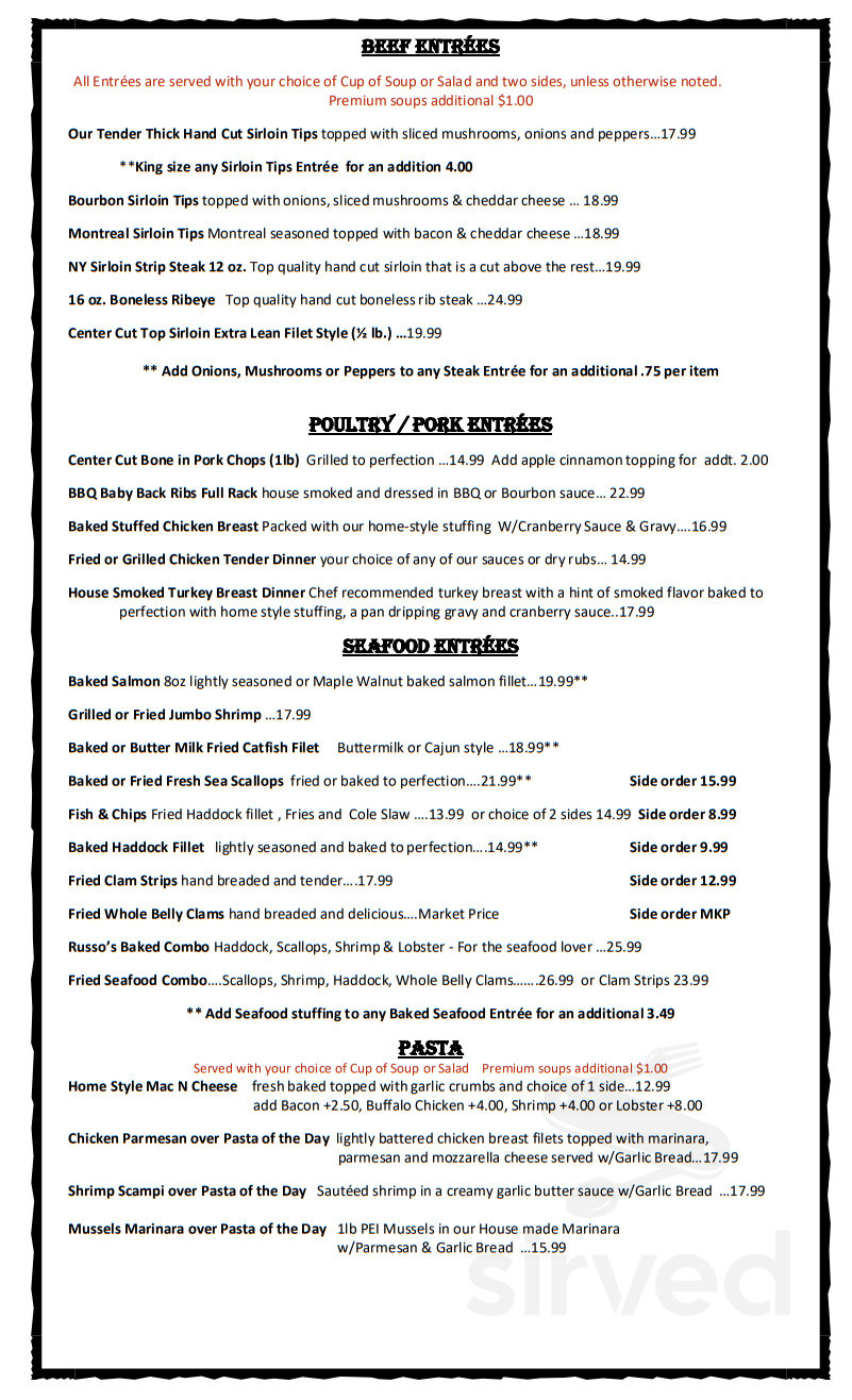 Russos Lakeside Seafood & SteakHouse menu in Palmer, Massachusetts, USA