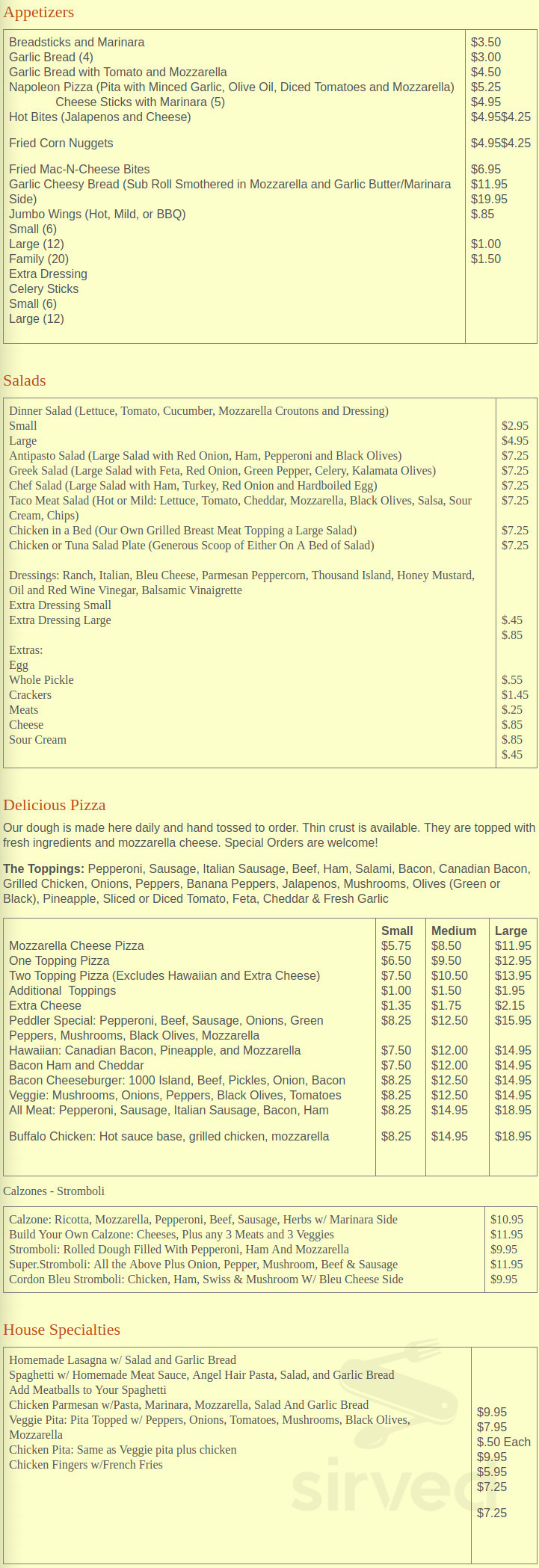 Menu for Pizza Peddler in Midway, GA | Sirved