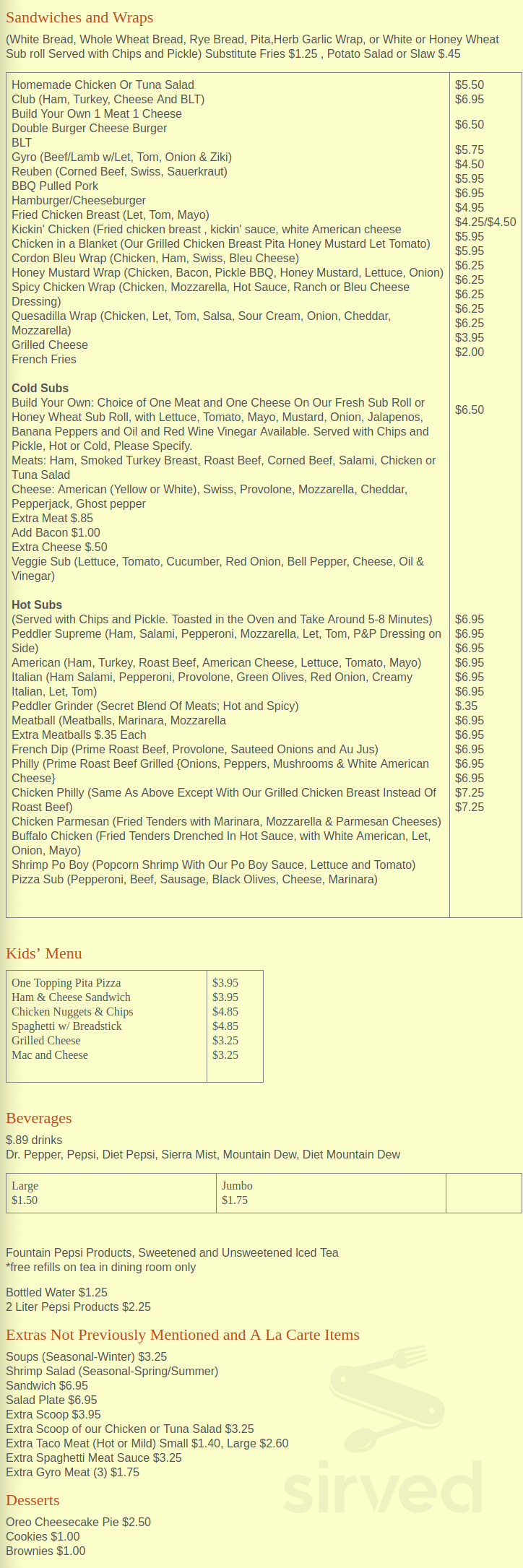 Pizza Peddler menu in Midway, Georgia, USA