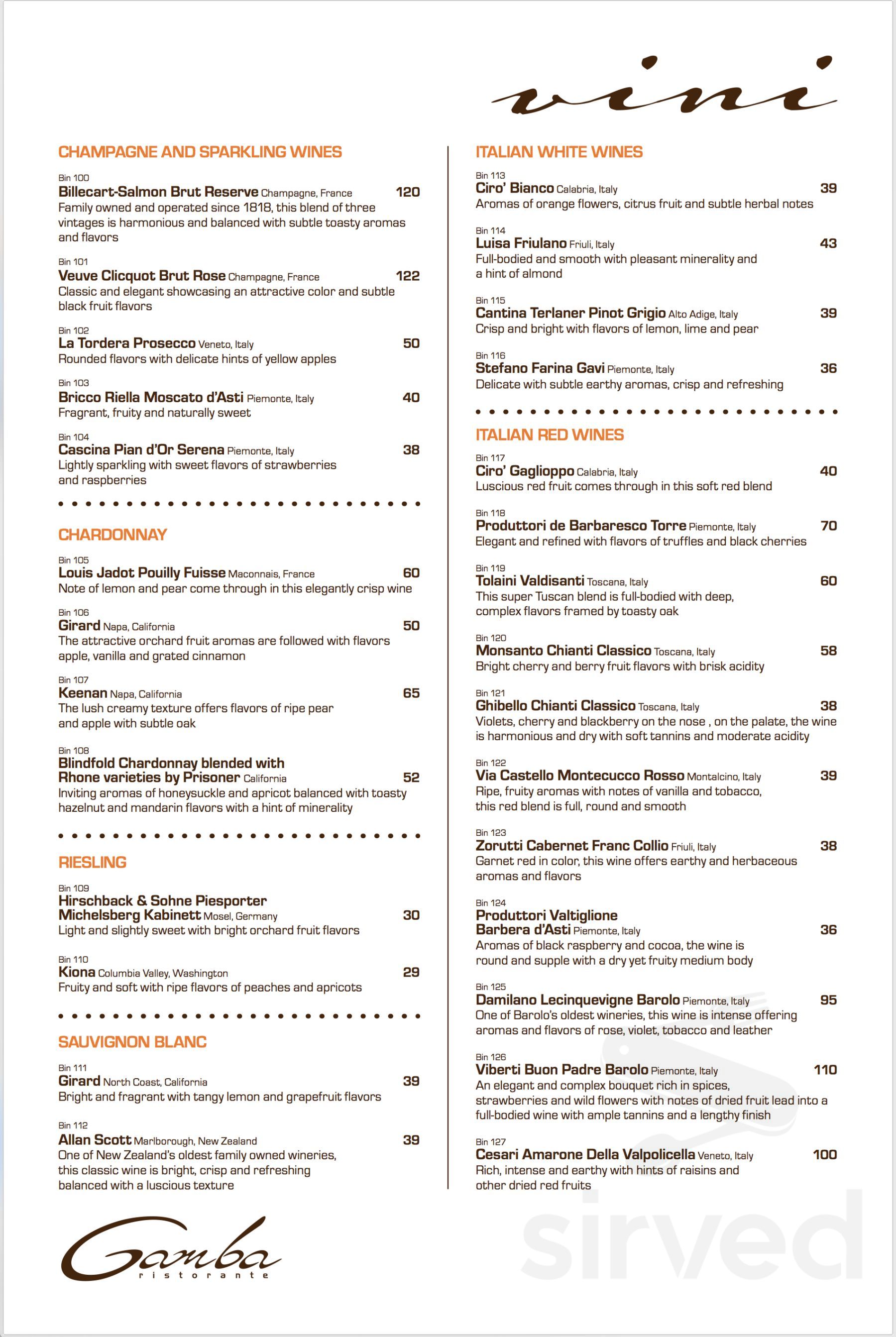 Gamba Ristorante menu in Merrillville, Indiana, USA