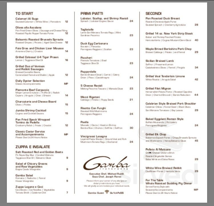 Gamba Ristorante menu in Merrillville, Indiana, USA