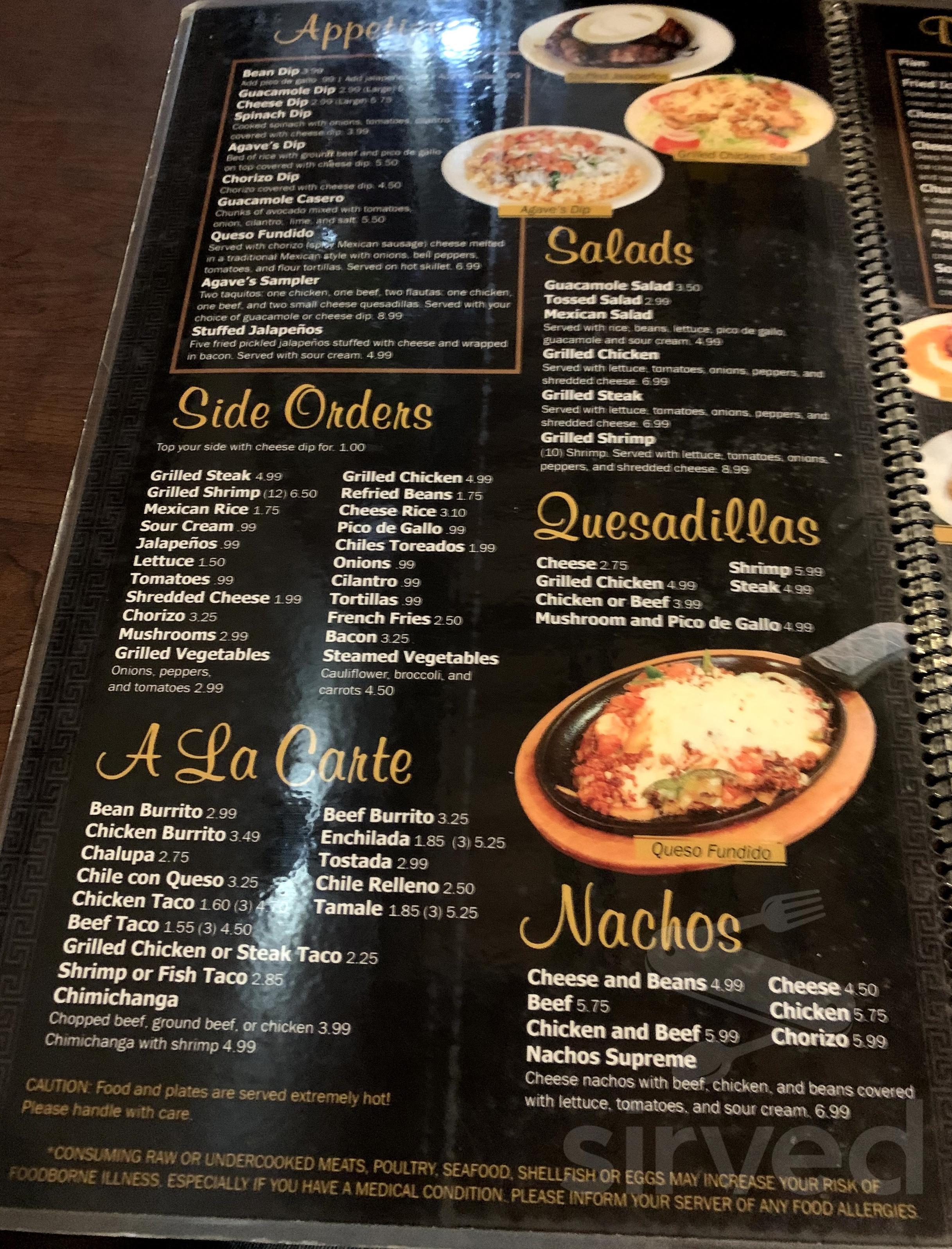 Menu for Agave's Mexican Restaurant Lafayette in Lafayette, Tennessee ...
