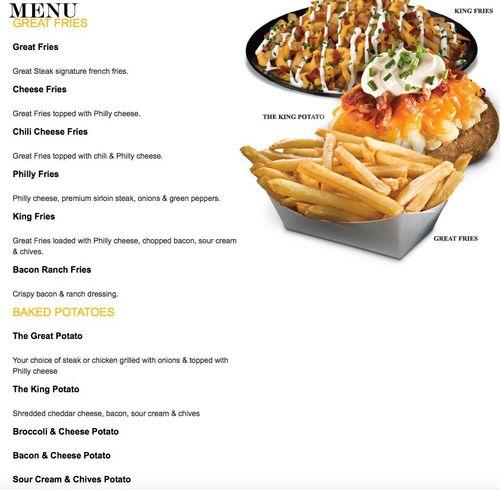 Great Steak menu in Orland Park, Illinois, USA