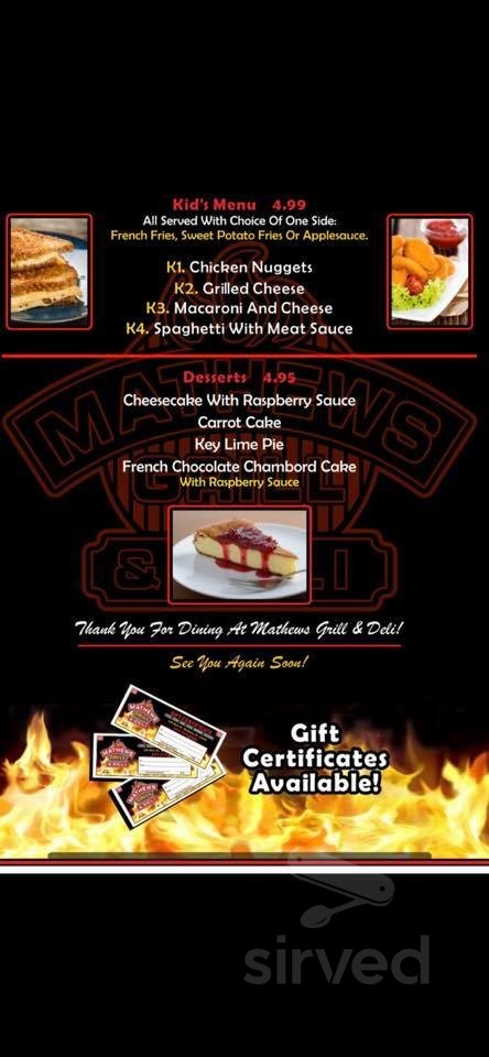 Mathews Grill and Deli menus in Mathews, Virginia, United States