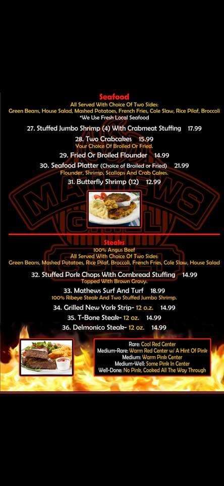 Mathews Grill and Deli menu in Mathews, Virginia, USA