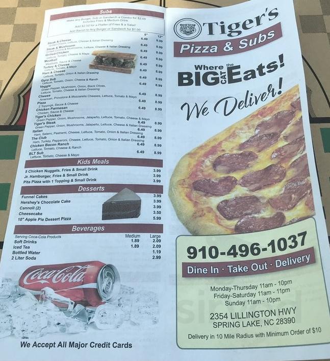 Menu for Tigers Pizza & Subs in Spring Lake, NC | Sirved
