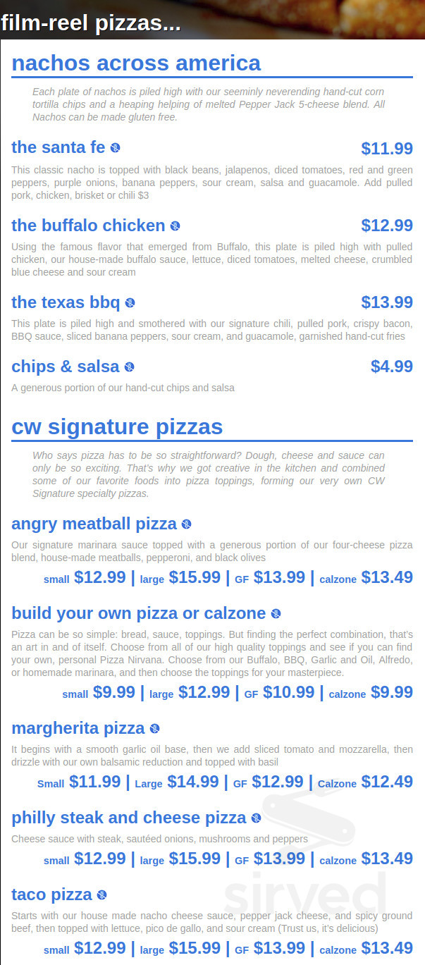 CW Lanes & Games menu in Lincoln, Rhode Island, USA