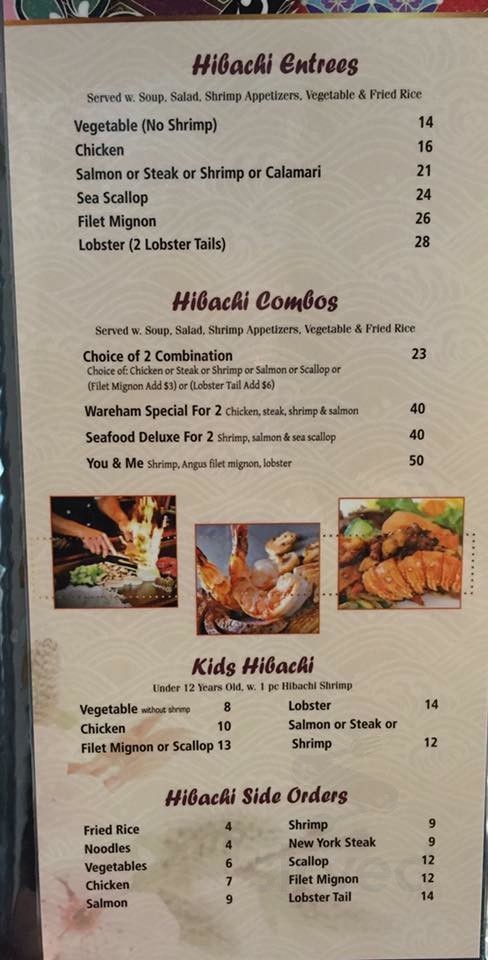 Saga Fusion menu in Wareham, Massachusetts, USA
