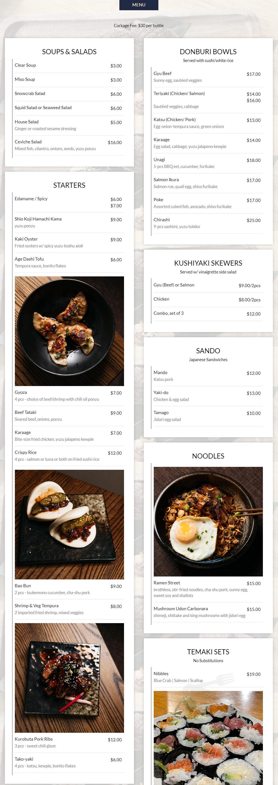 Yakuza House menu in Metairie, Louisiana, USA