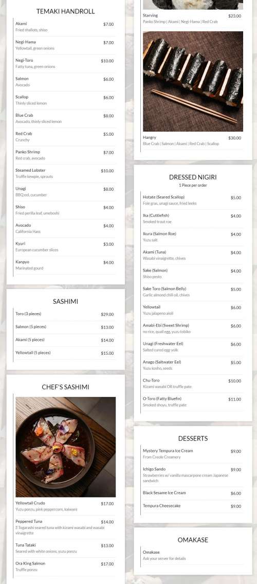 Yakuza House menu in Metairie, Louisiana, USA