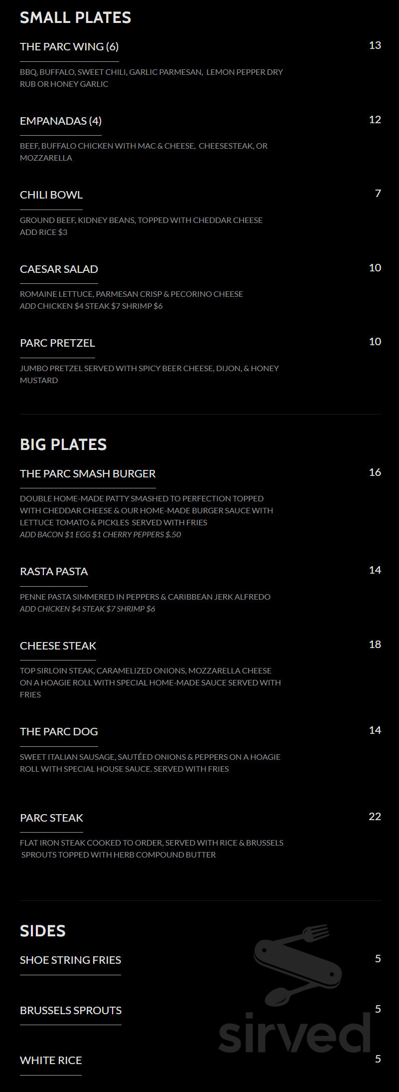The Parc Tavern menu in Harrison, New Jersey, USA