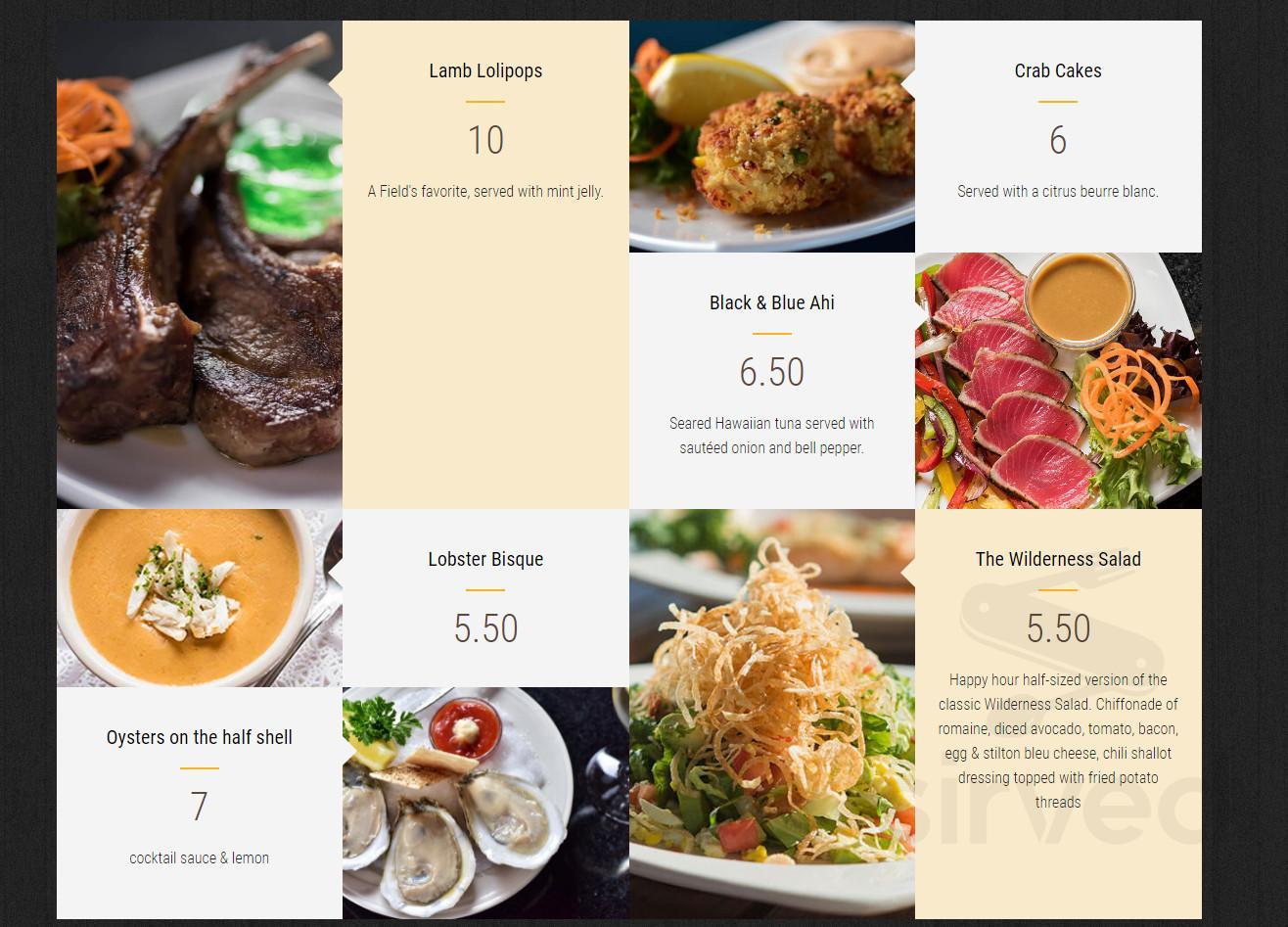 Menu - Wisconsin Dells WI's Field's at the Wilderness | Sirved
