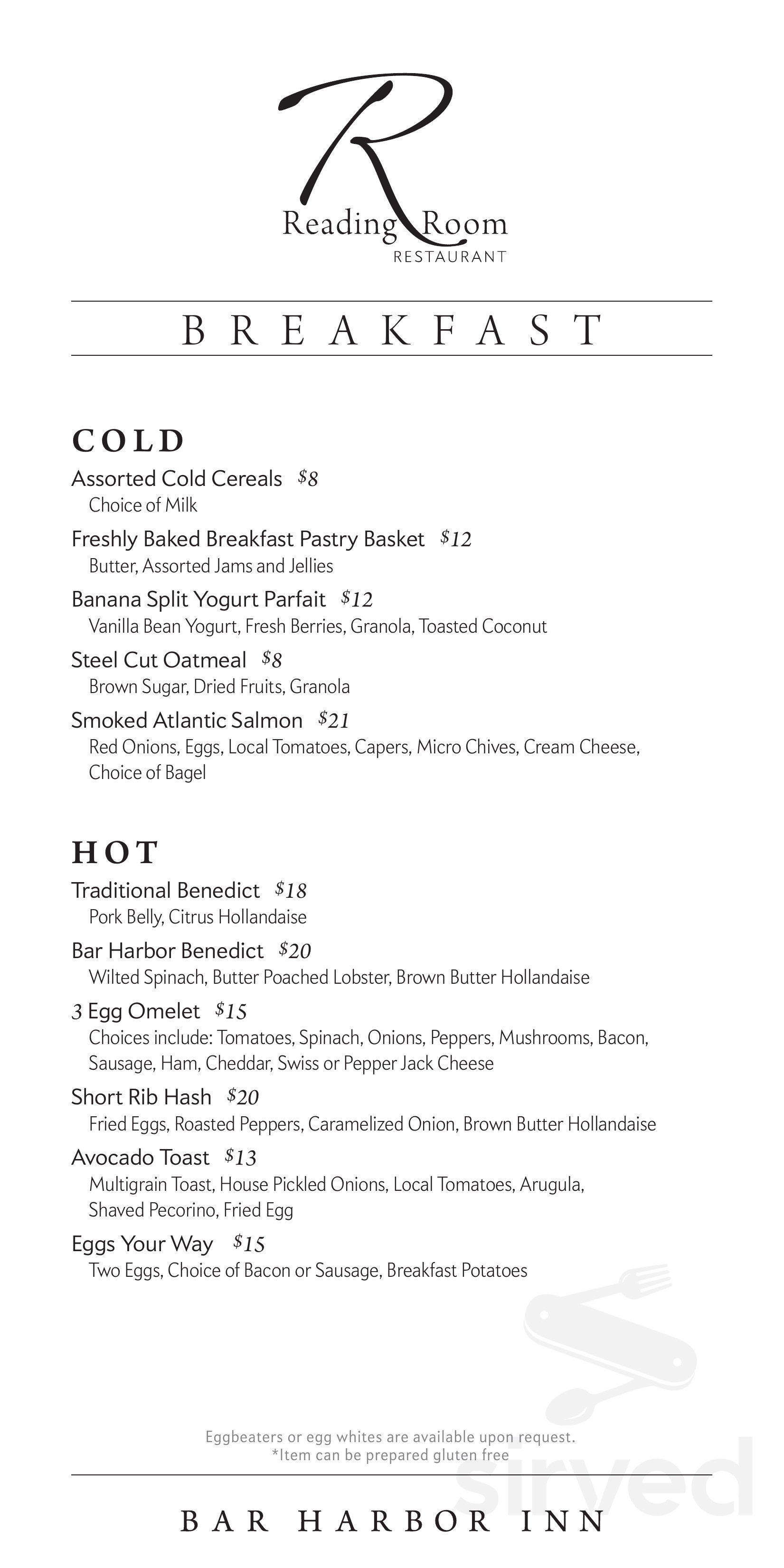 Reading Room Restaurant menu in Bar Harbor, Maine, USA