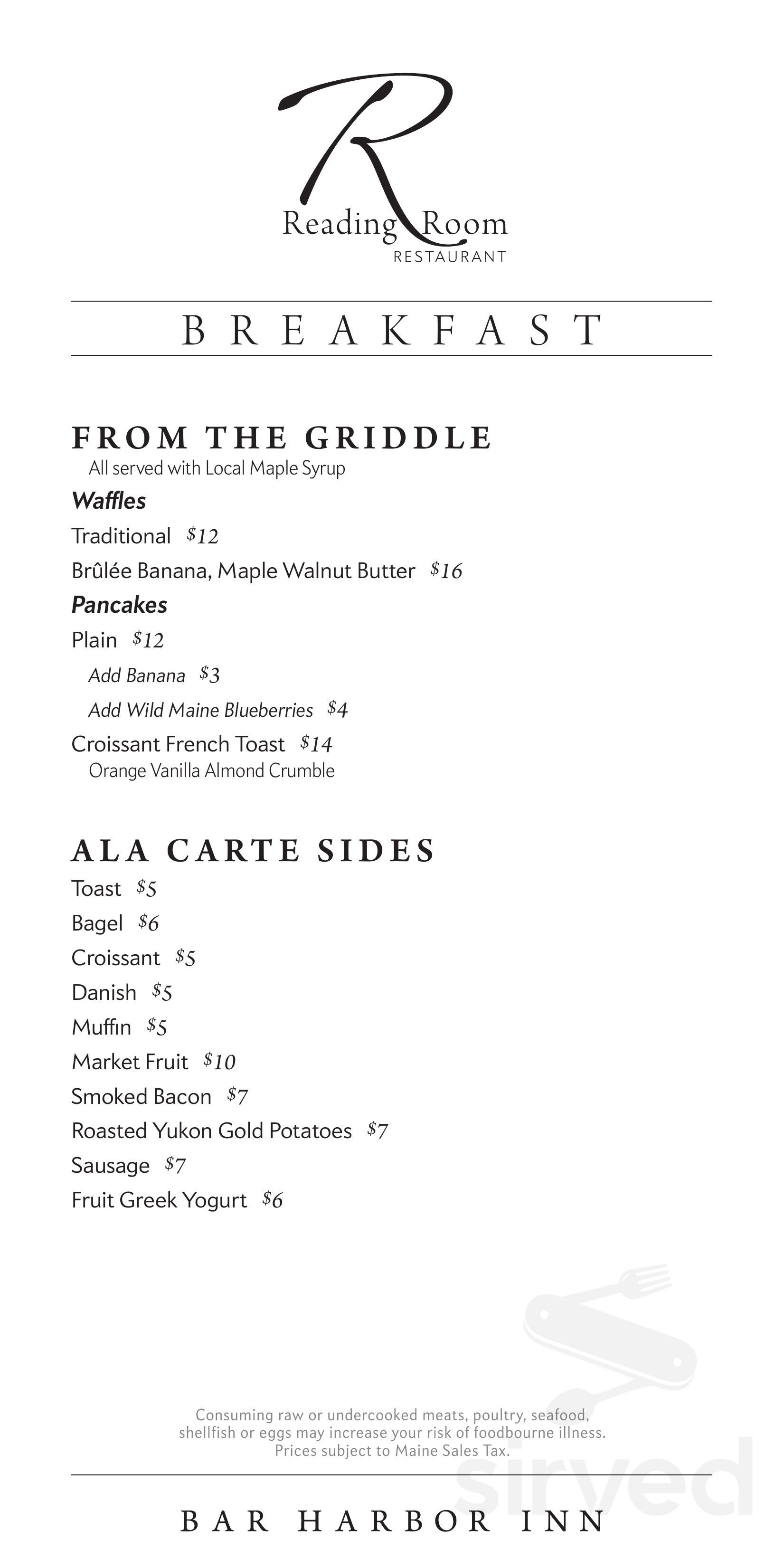 Menu - Bar Harbor ME's Reading Room Restaurant | Sirved
