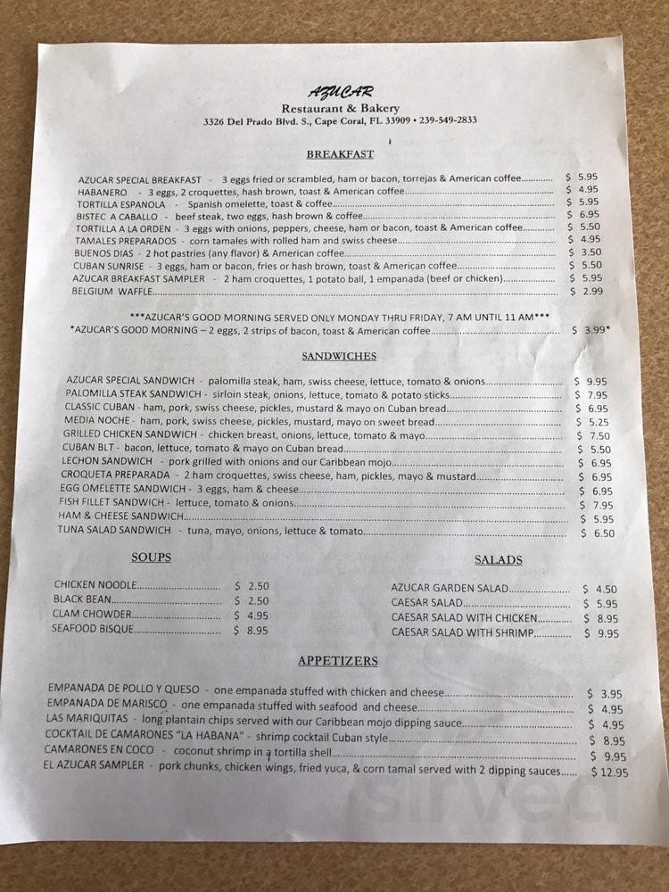 Azucar restaurant & bakery menu in Cape Coral, Florida, USA