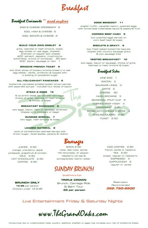The Bistro at The Grand Oaks Resort menu in Weirsdale, Florida, USA