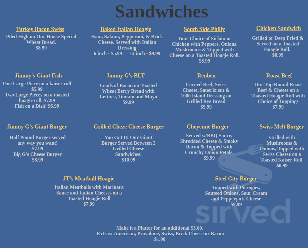 Jimmy G's Bar & Grill menu in Canonsburg, Pennsylvania, USA