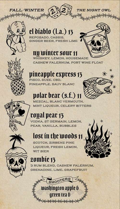 The Night Owl menu in Saratoga Springs, New York, USA