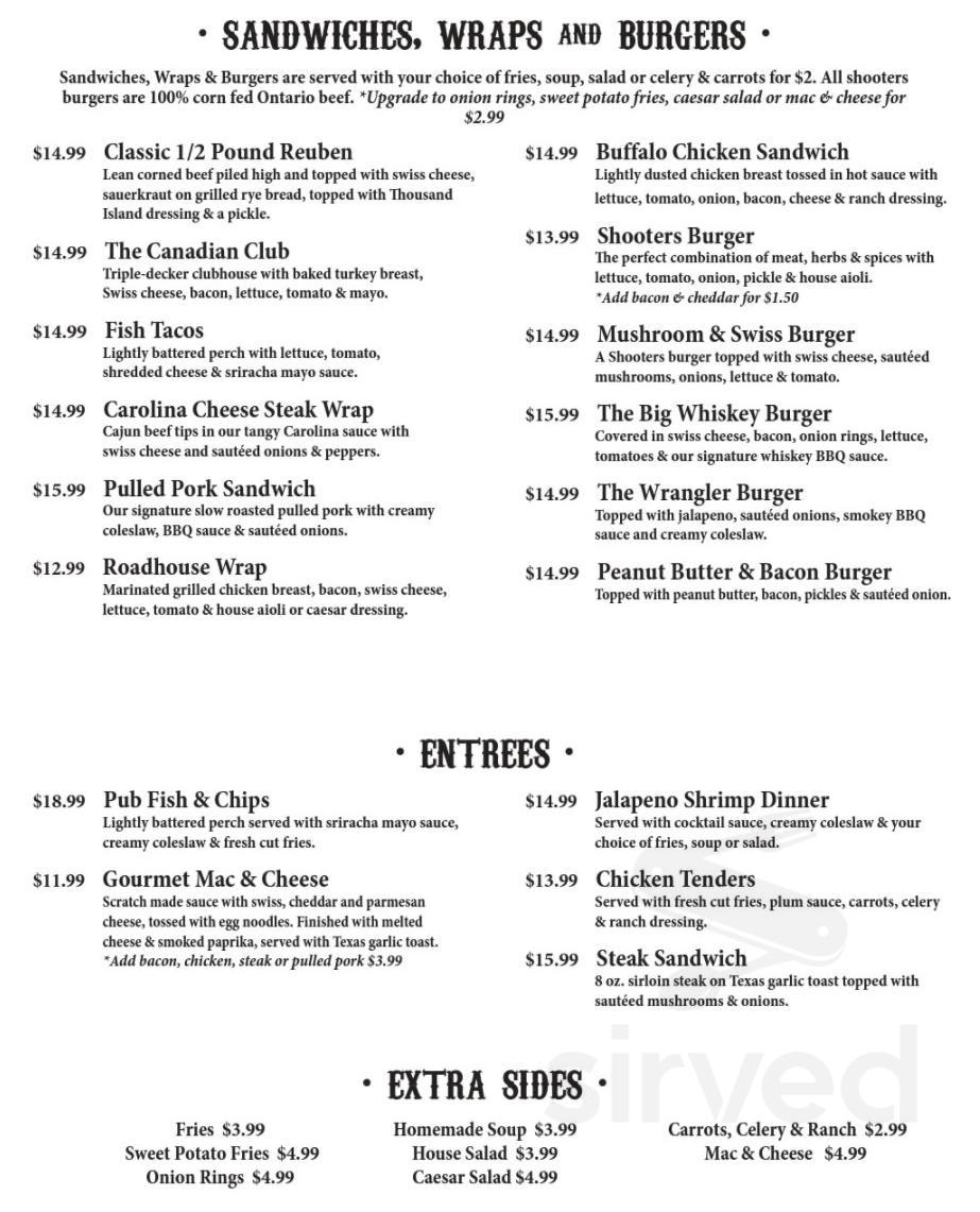 Shooters Roadhouse menus in Amherstburg, Ontario, Canada