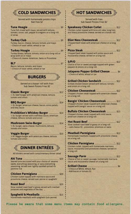 Prohibition's Bar & Restaurant menu in Hammonton, New Jersey, USA