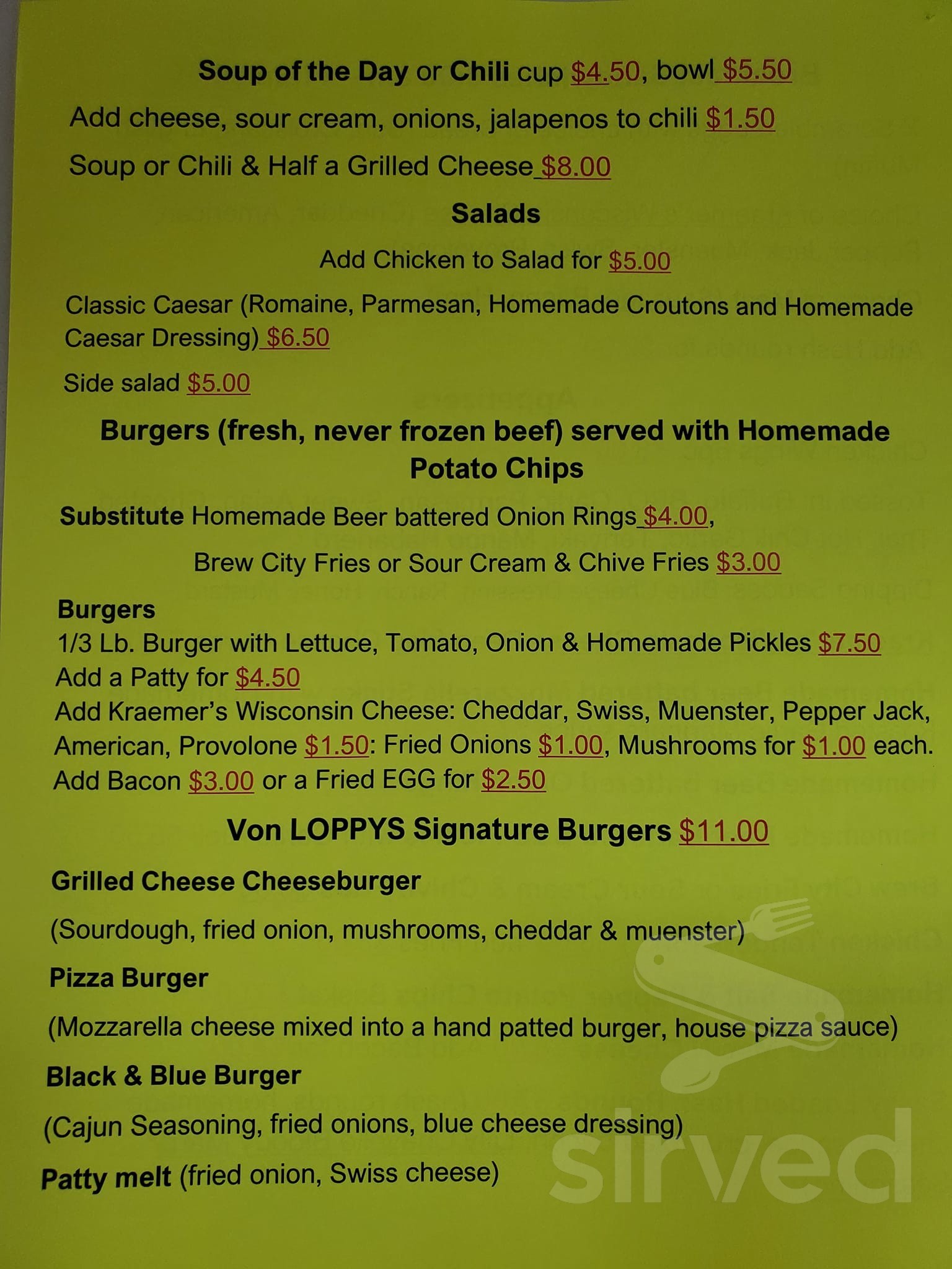 Von LOPPYS Bar & Bistro menu in Ixonia, Wisconsin, USA