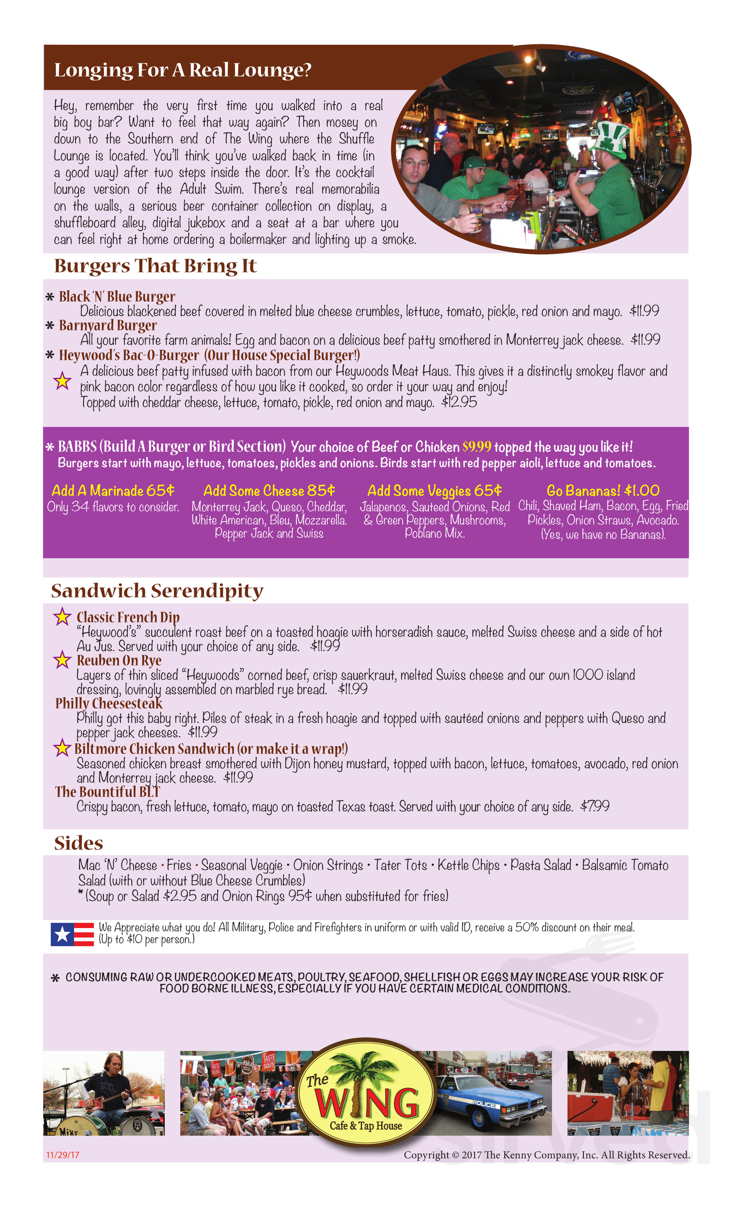 The Wing Cafe & Tap House menu in Marietta, Georgia, USA