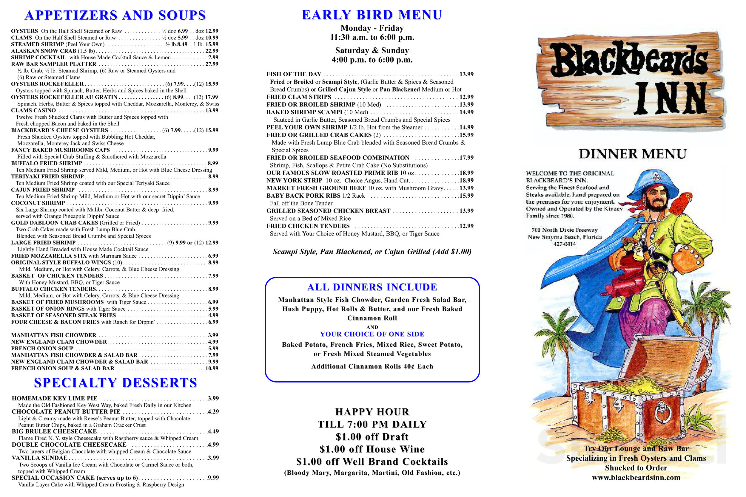 Blackbeard's Inn menu in New Smyrna Beach, Florida, USA