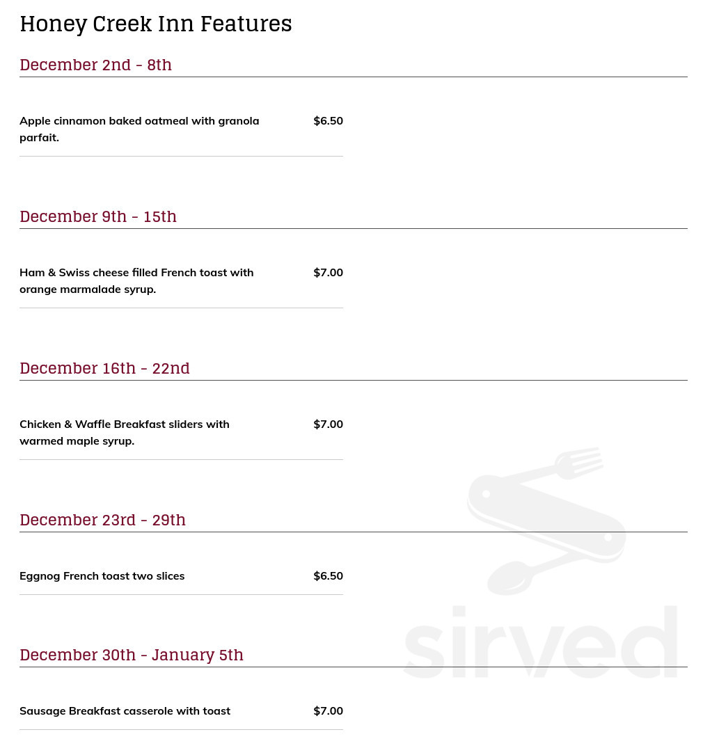 Menu for Honey Creek Inn in Reedsville, PA | Sirved
