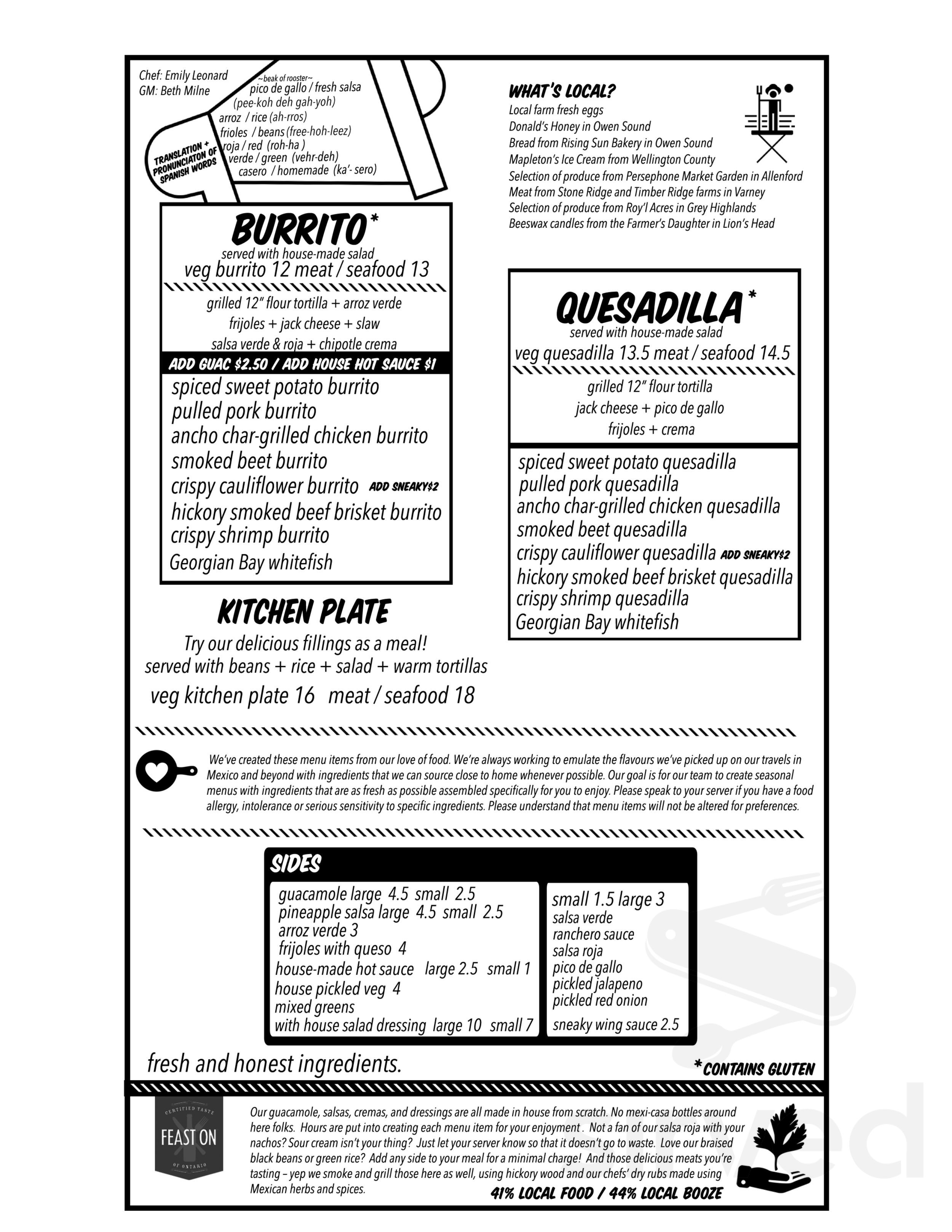 Casero Kitchen Table menu in Owen Sound, Ontario, Canada