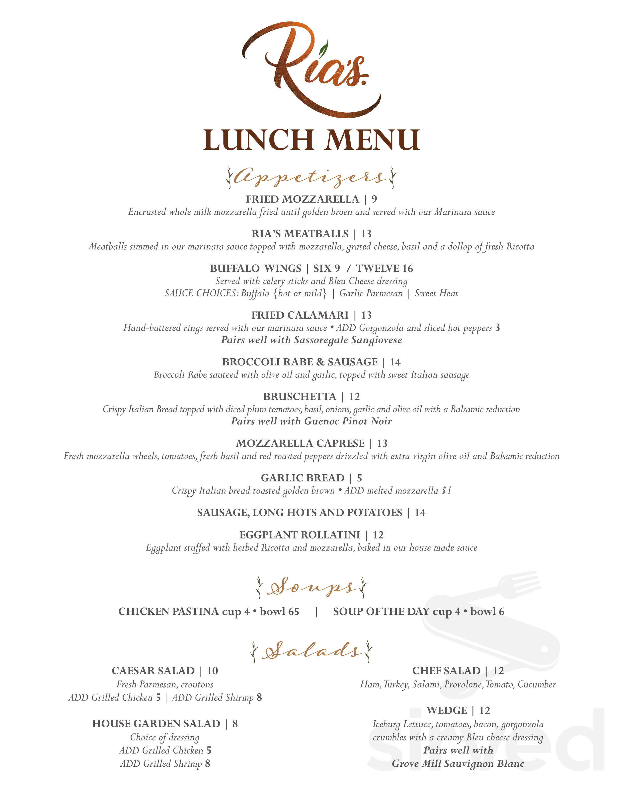 Menu - Waterbury CT's Ria's Restaurant | Sirved