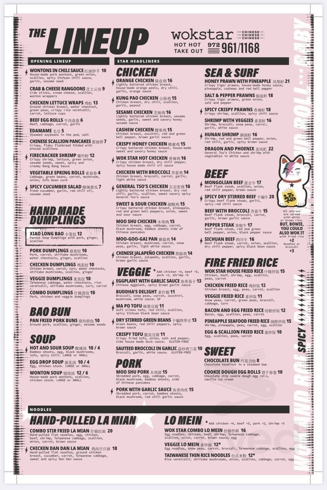 Wok Star Chinese menu in Dallas, Texas, USA