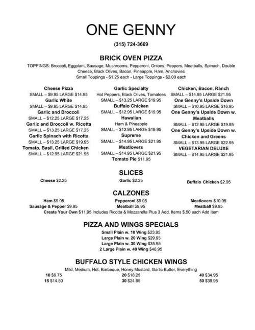 One Genny menu in New Hartford, New York, USA