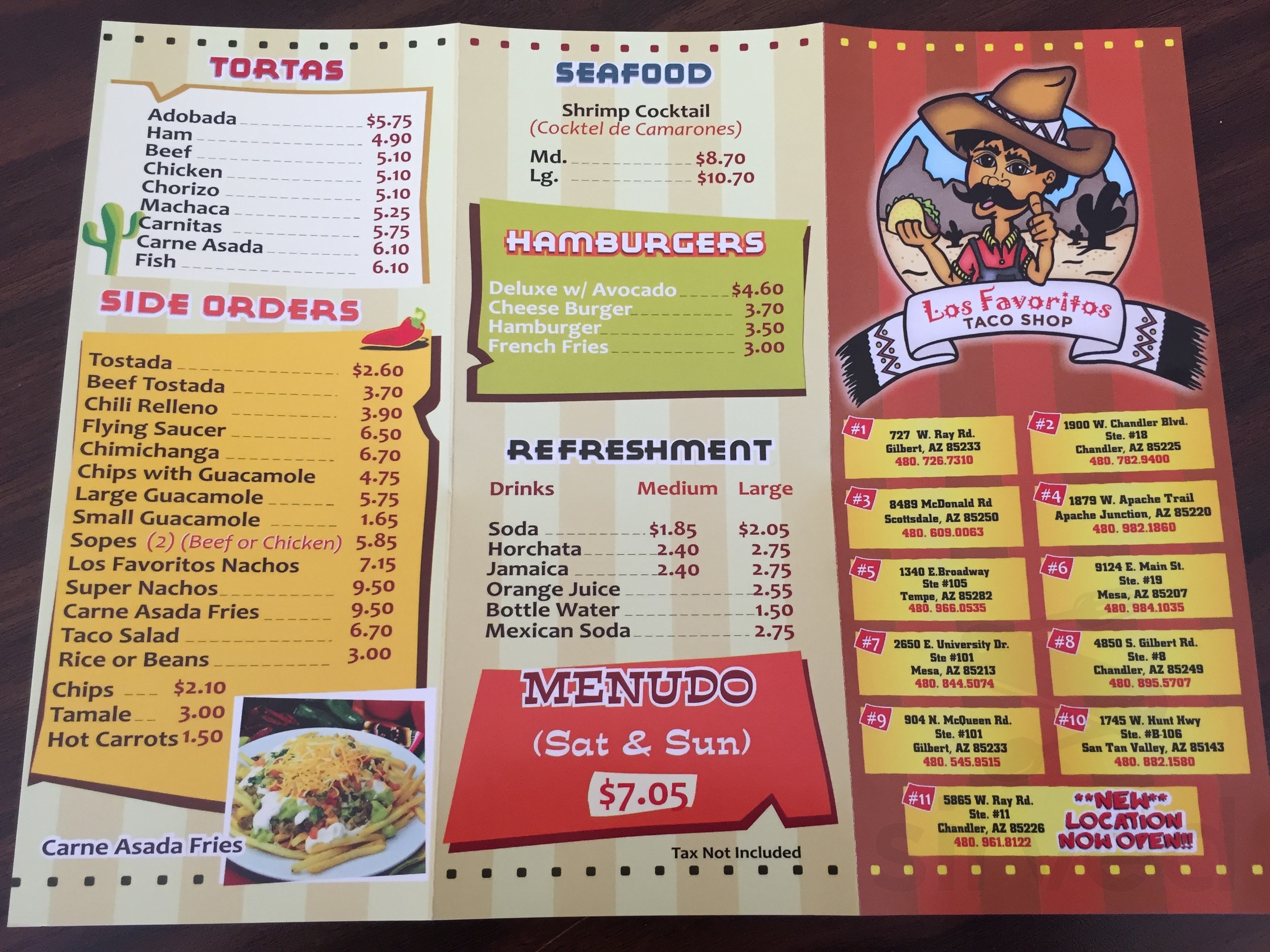 Karla's taco shop menu in Tempe, Arizona, USA