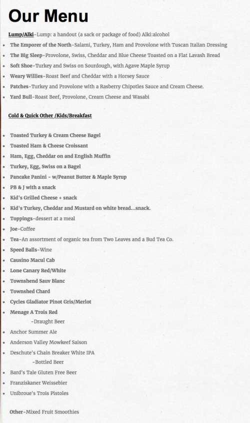 The Bindlestick menu in Snoqualmie, Washington, USA