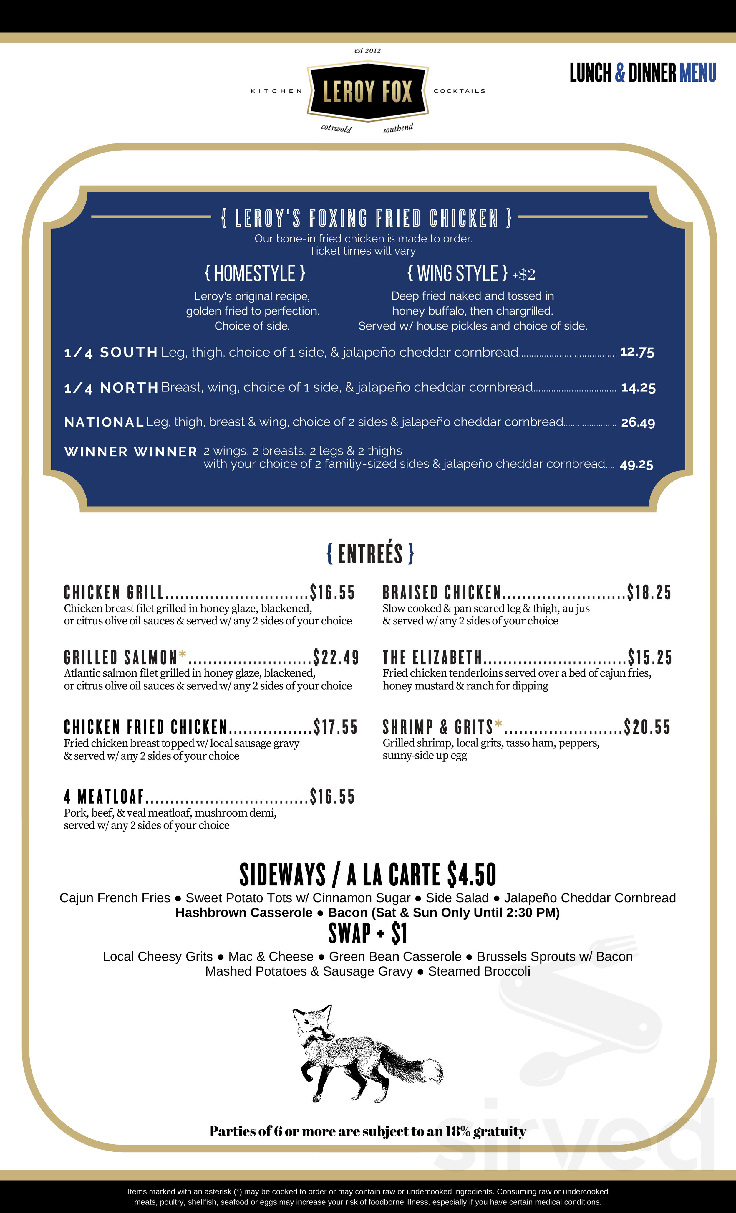 Menu - Charlotte NC's Leroy Fox South End | Sirved