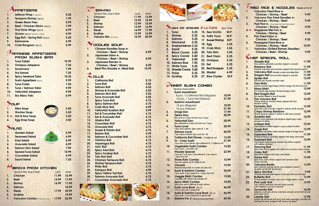Volcano Sushi and Asian Fusion menus in Midland, Texas, United States