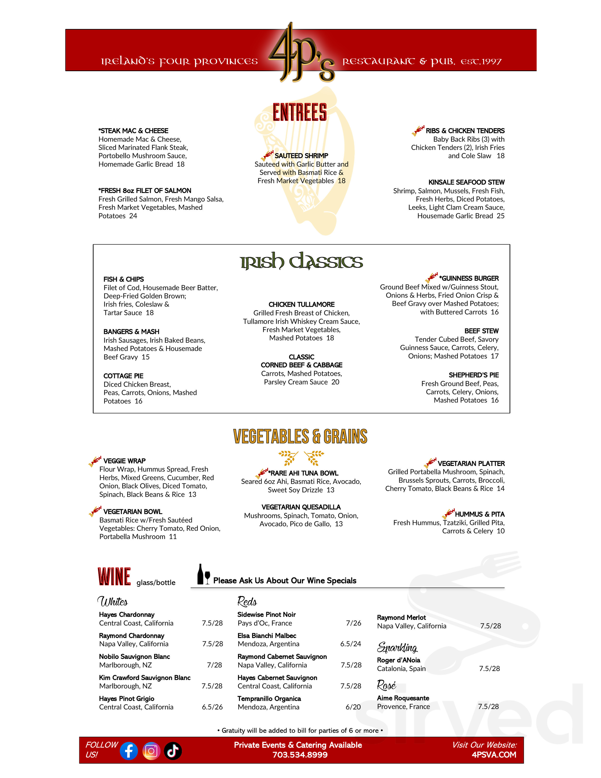 Ireland's Four Provinces menu in Falls Church, Virginia, USA