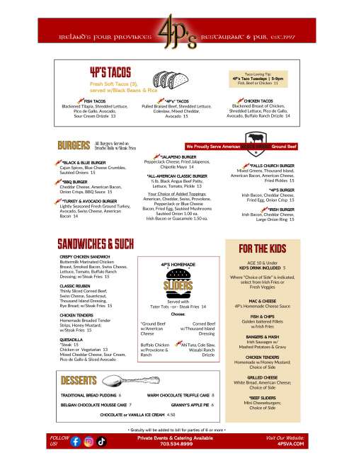 Ireland's Four Provinces menu in Falls Church, Virginia, USA