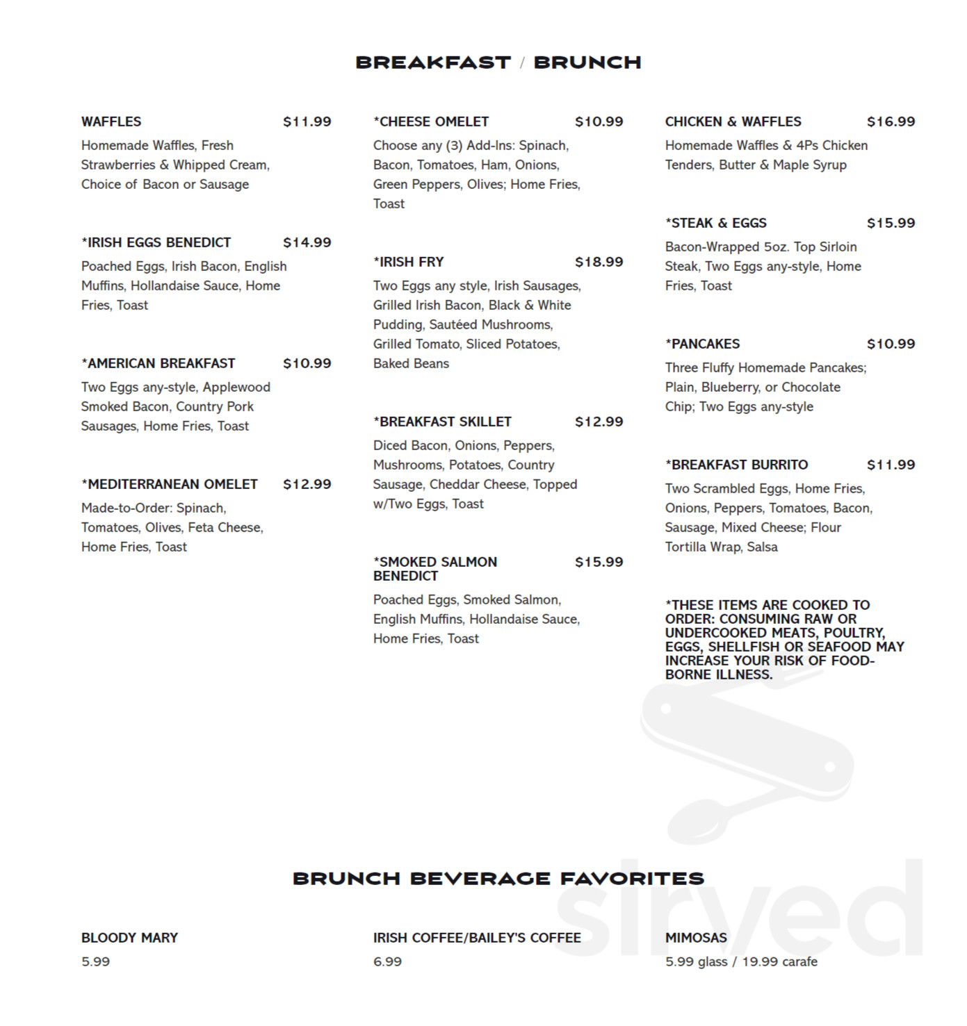 Ireland's Four Provinces menu in Falls Church, Virginia, USA