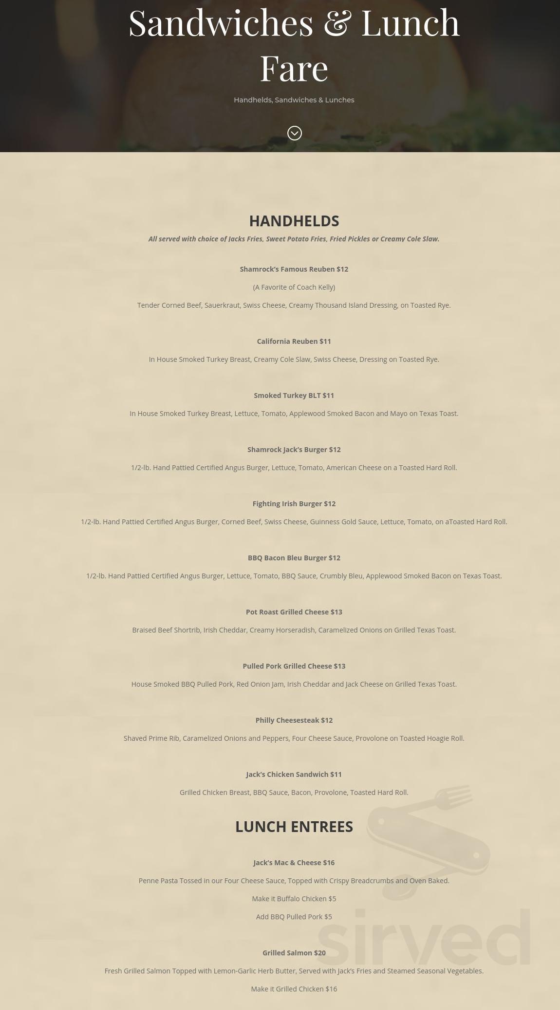 Shamrock Jack's Irish Pub menu in Rochester, New York, USA