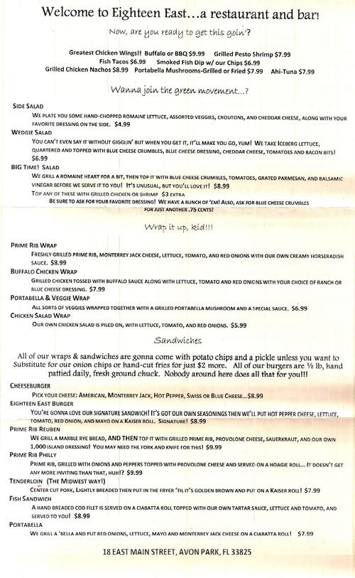 Eighteen East Restaurant menu in Avon Park, Florida, USA