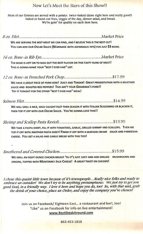 Eighteen East Restaurant menu in Avon Park, Florida, USA