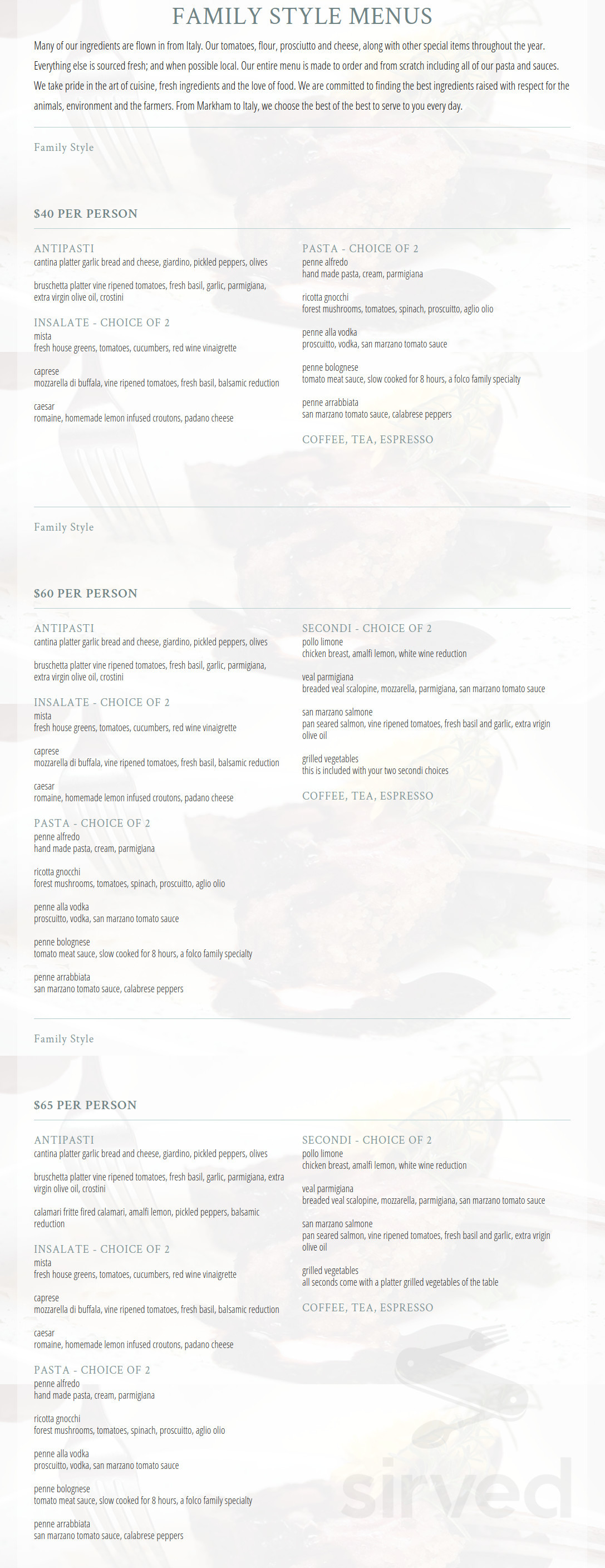 Menu for Folco's Ristorante in Markham, ON | Sirved