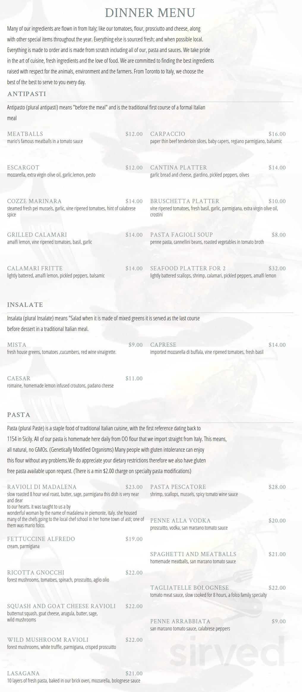 Menu for Folco's Ristorante in Markham, ON | Sirved