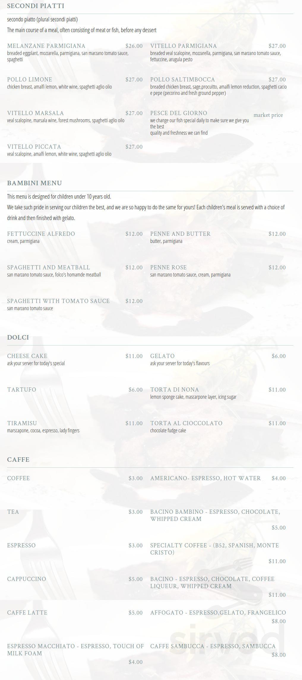 Folco's Ristorante menu in Markham, Ontario, Canada