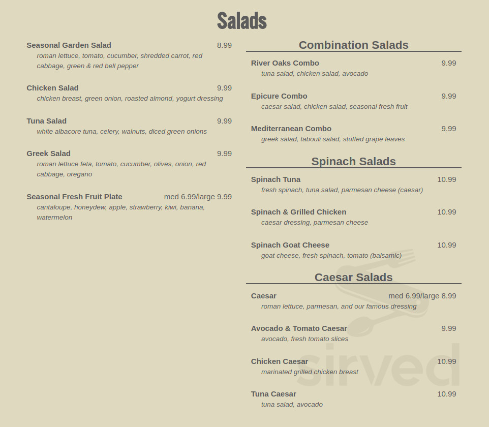 Menu - Houston TX's Epicure Café | Sirved