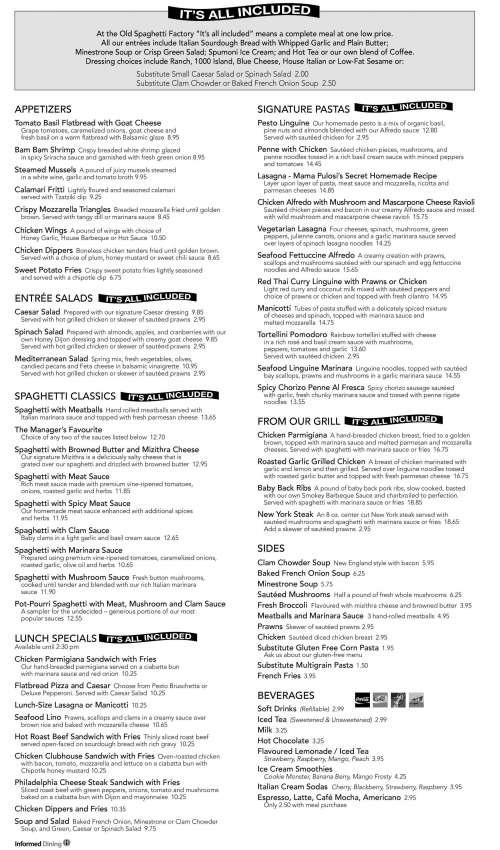 The Old Spaghetti Factory (Winnipeg) menu in Winnipeg, Manitoba, Canada