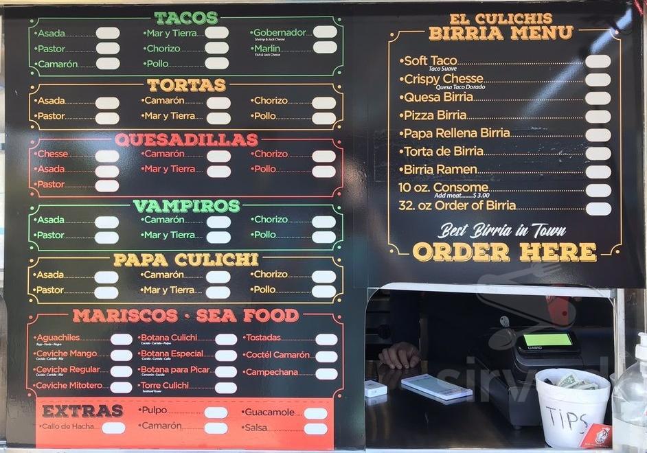 Menu for Tacos y Mariscos El Culichi in Lompoc, CA | Sirved